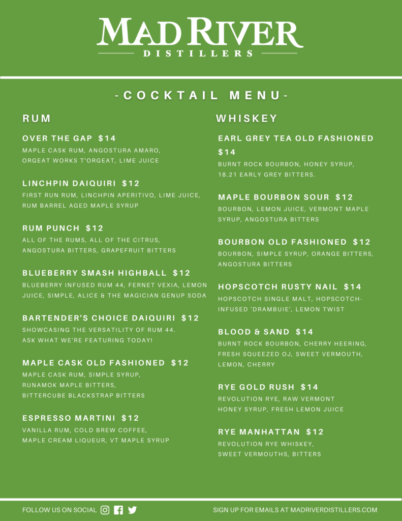 Menus - Mad River Distillers