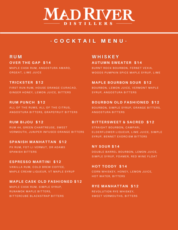 Menus - Mad River Distillers